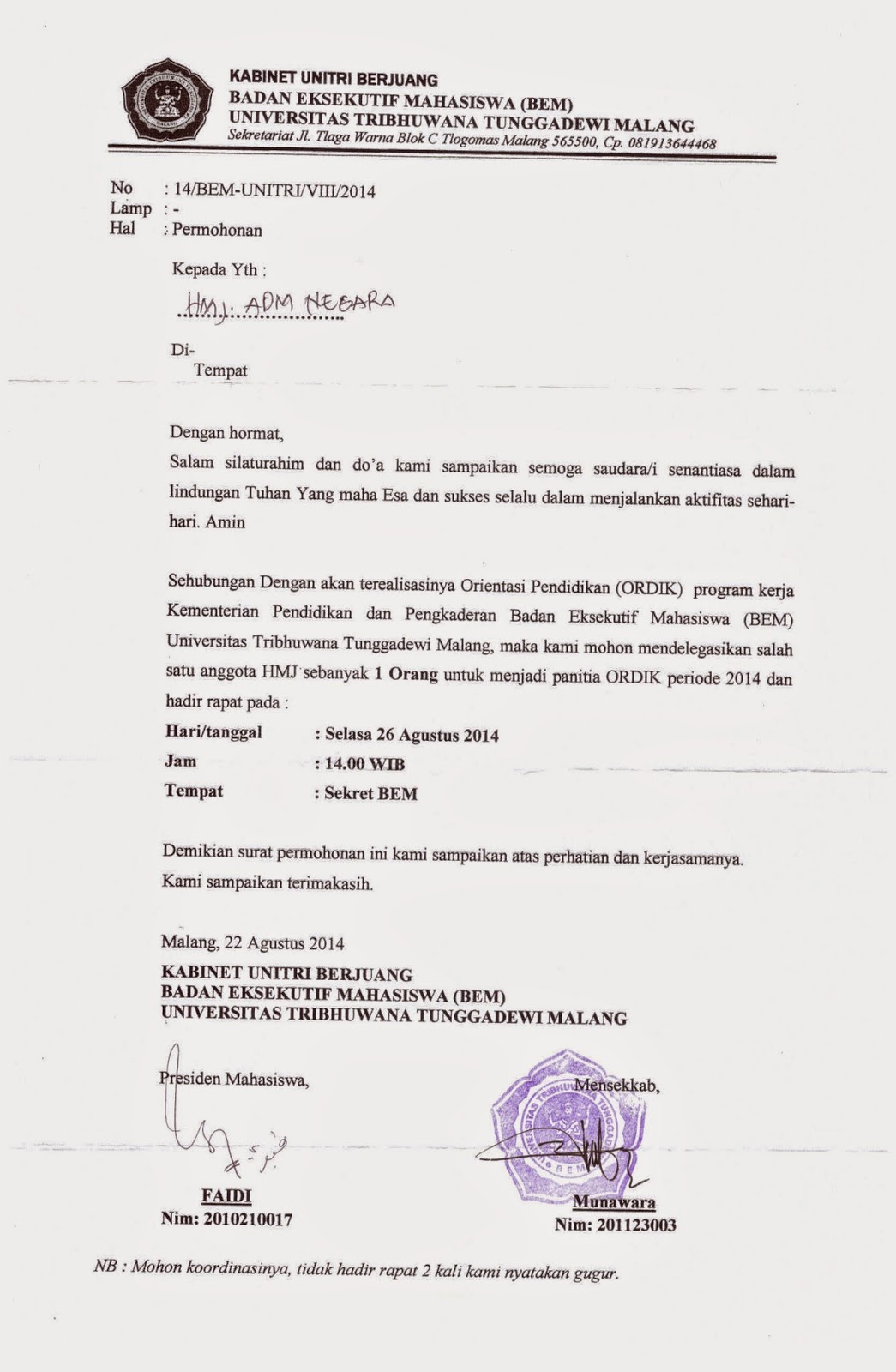 Model surat resmi Himagara Unitri