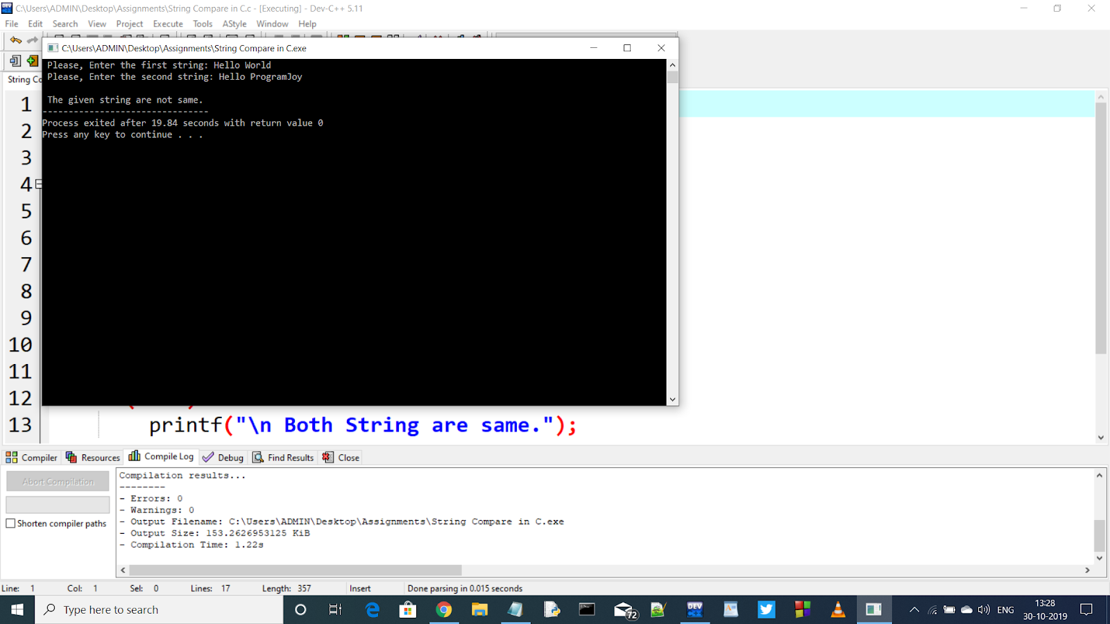 String Compare Using Strcmp Function In C Language