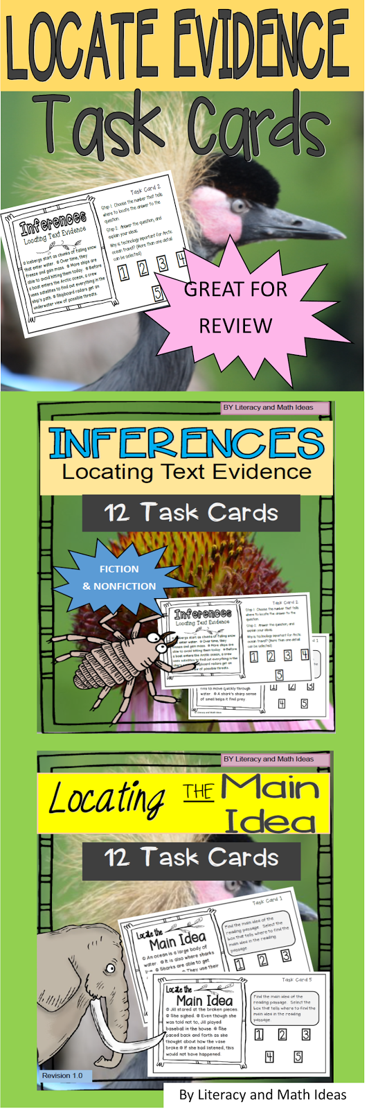 Literacy & Math Ideas: Locating Text Evidence Task Cards