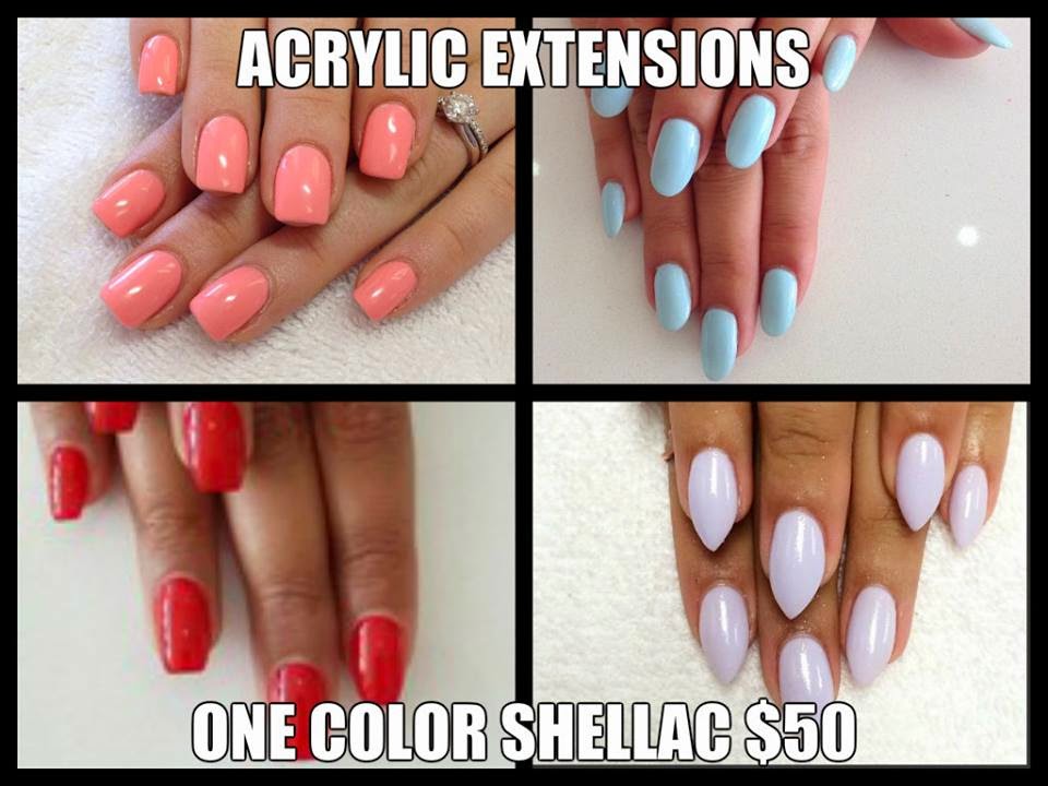 Acrylic extensions one color shellac pastels, solids, opaques, shimmers ...