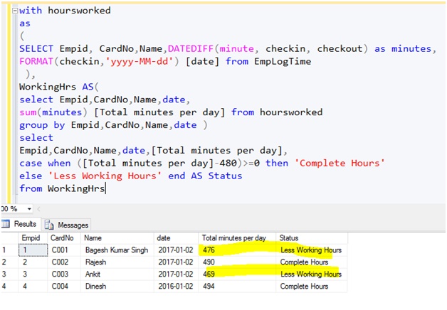 Microsoft Business Intelligence: Calculate employee working time using sql