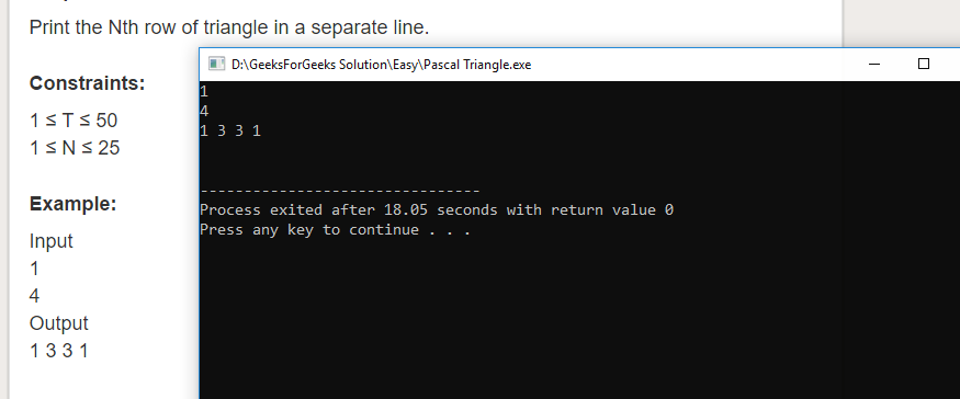 Geeksforgeeks Solution For " Pascal Triangle