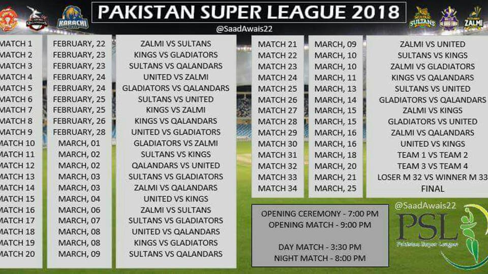 PSL Schedule 2018 Pakistan Super League 2018 - Pak University Rresult ...