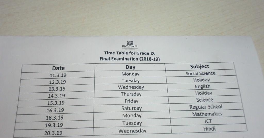 Grade 9 Final Examination Time Table