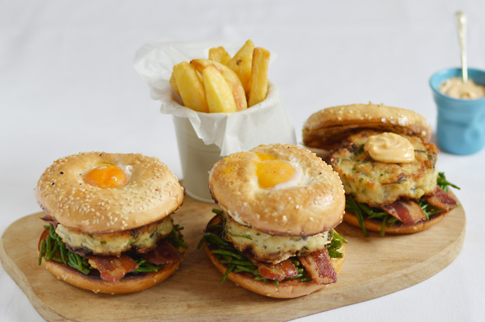 Lemon & Vanilla: Cod burgers served on a bagel, with bacon, samphire ...