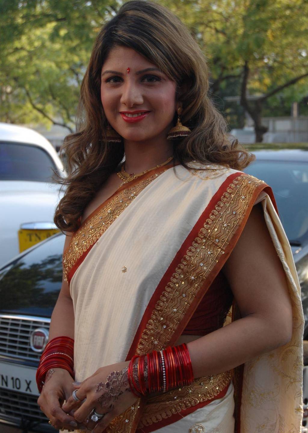 Actress Rambha Long Hair Stills In White Saree