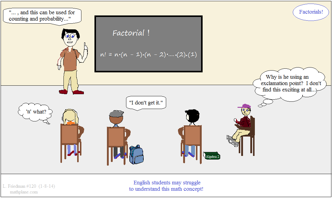 English grammar students try to learn factorials!