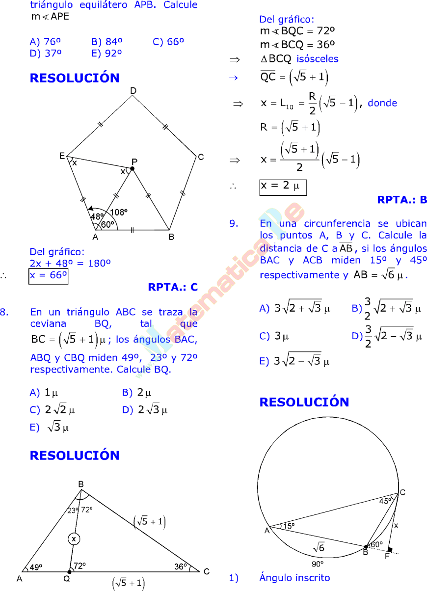 POLÍGONOS REGULARES EJERCICIOS RESUELTOS DE GEOMETRÍA PLANA PREUNIVERSITARIA EN PDF