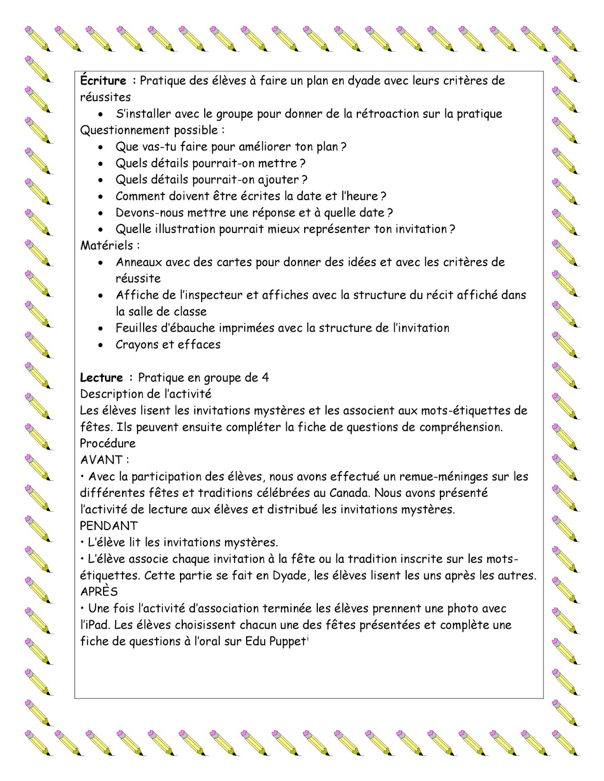 La classe de Madame Fatima : Exemple de plan de leçon en français ...