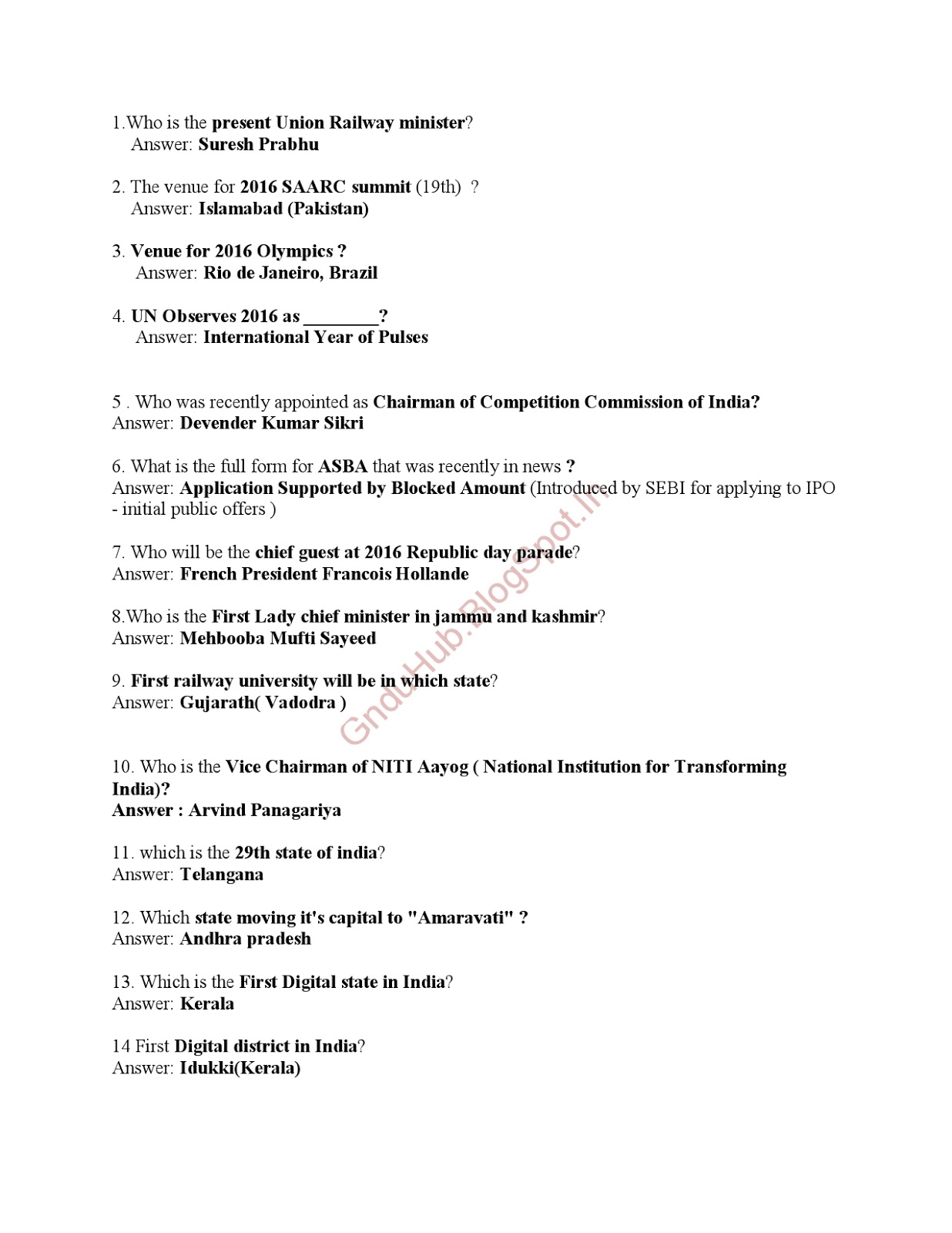 Current Affairs 50 Questions Anwser 2016 PDF(GnduHub) ~ Next Generation ...