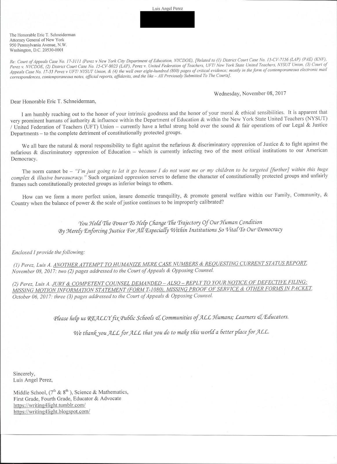 Writing4Light: Dear Attorney General of New York, Honorable Eric ...