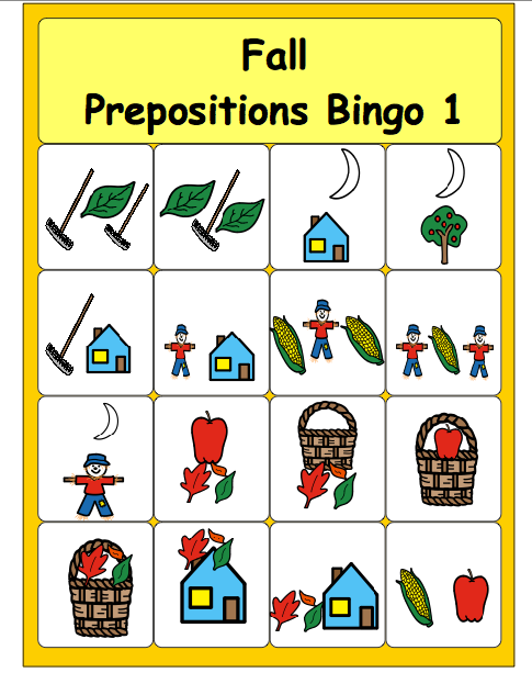 Chapel Hill Snippets: Fall Prepositions Bingo---free printable