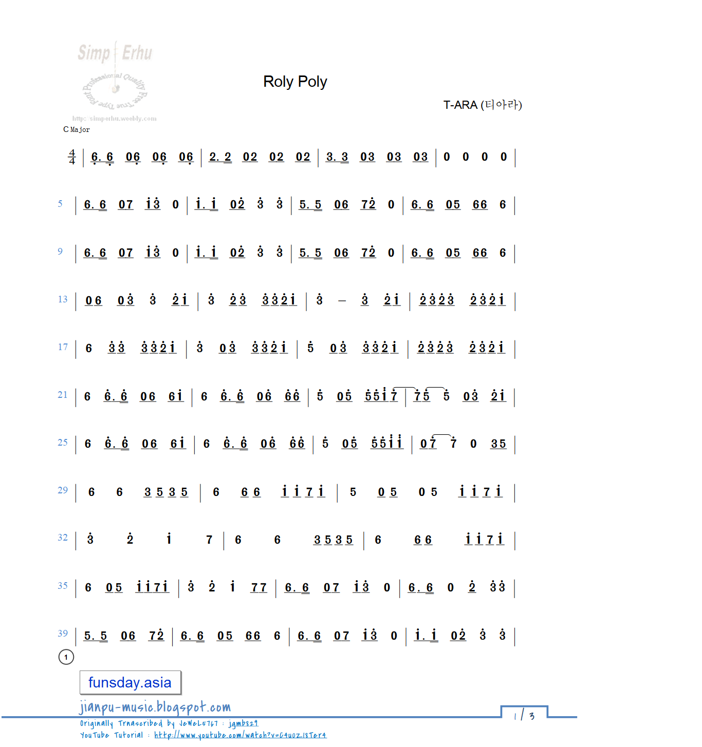 Not Angka Lagu K-Pop Roly Poly - T-ARA | not angka lagu