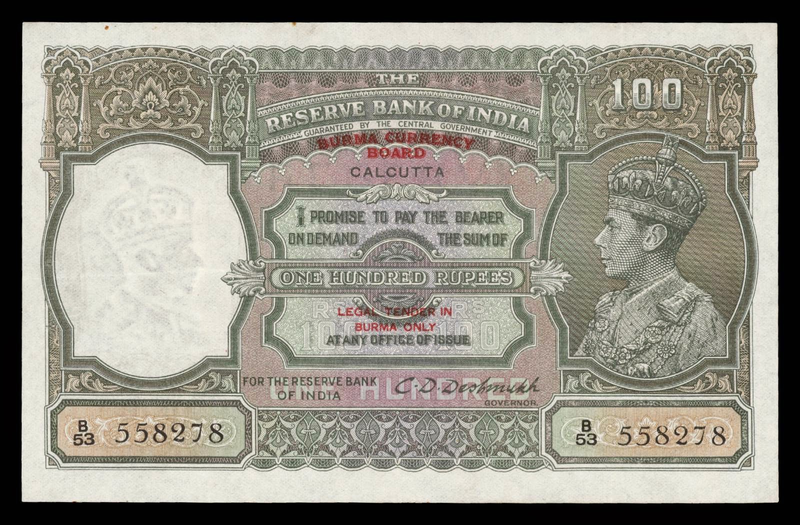 100 rupees 1947 King George VI, Burma Currency Board|World Banknotes ...