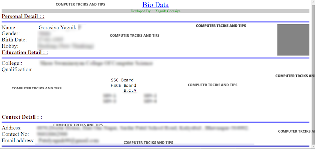 Create an html page showing your own bio data in the following format.