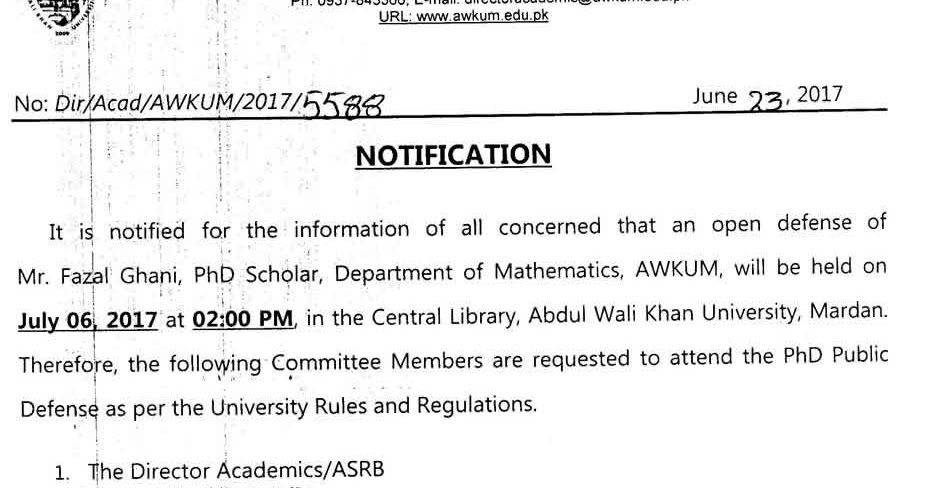 Abdul Wali Khan University Mardan: PhD Defense of Mr. Fazal Ghani, PhD ...