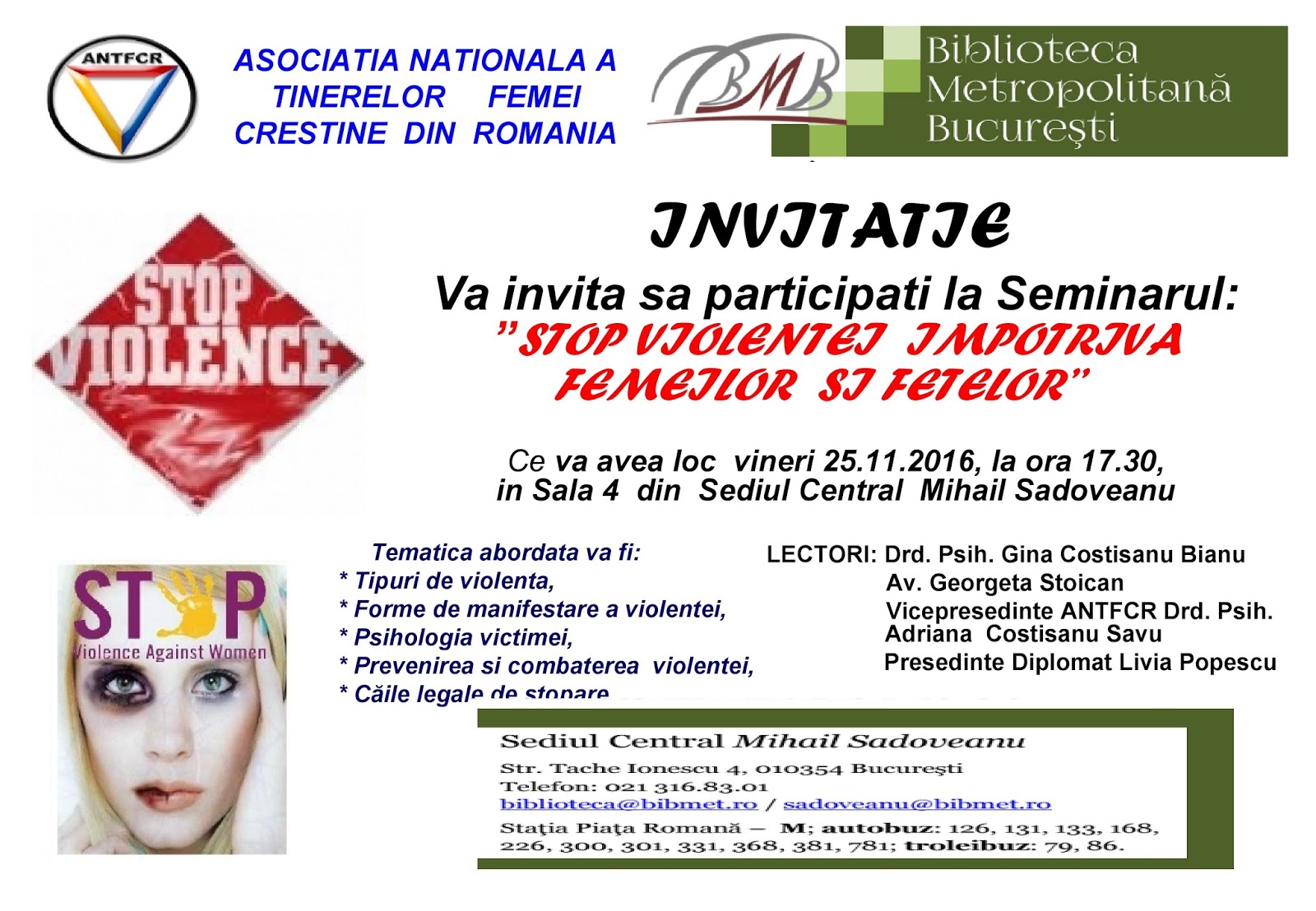 Invitatie la Seminarul „Stop violentei impotriva femeilor si fetelor” - ANTFCR alături de BMB - YWCA