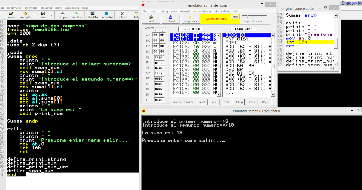 LENGUAJES DE INTERFAZ: Suma de dos numeros con libreria emu8086.inc