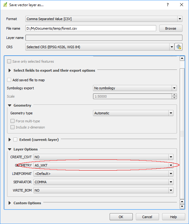 dominoc925: Using QGIS to export CSV files with Well Known Text geometry
