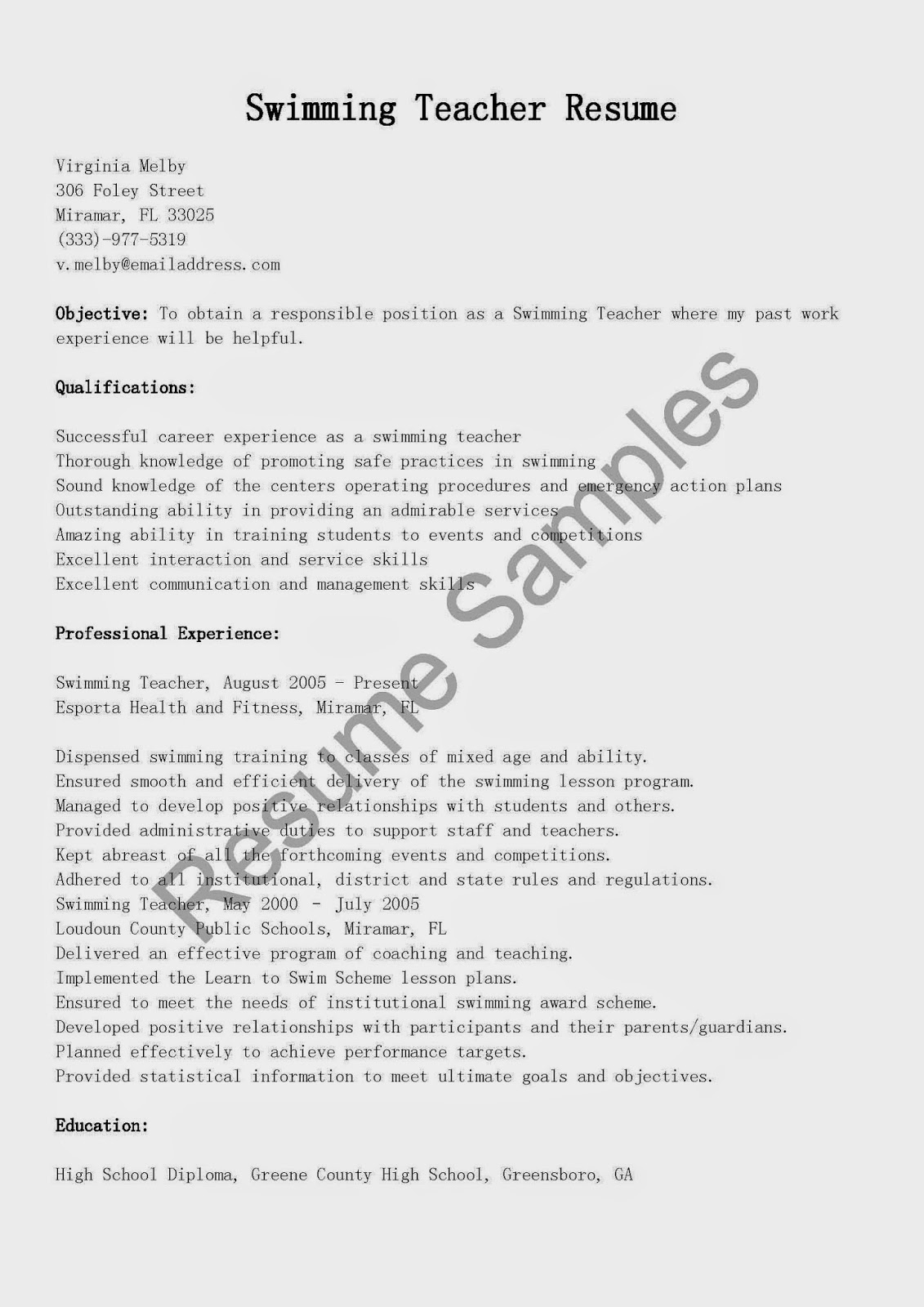 Resume Samples: Swimming Teacher Resume Sample