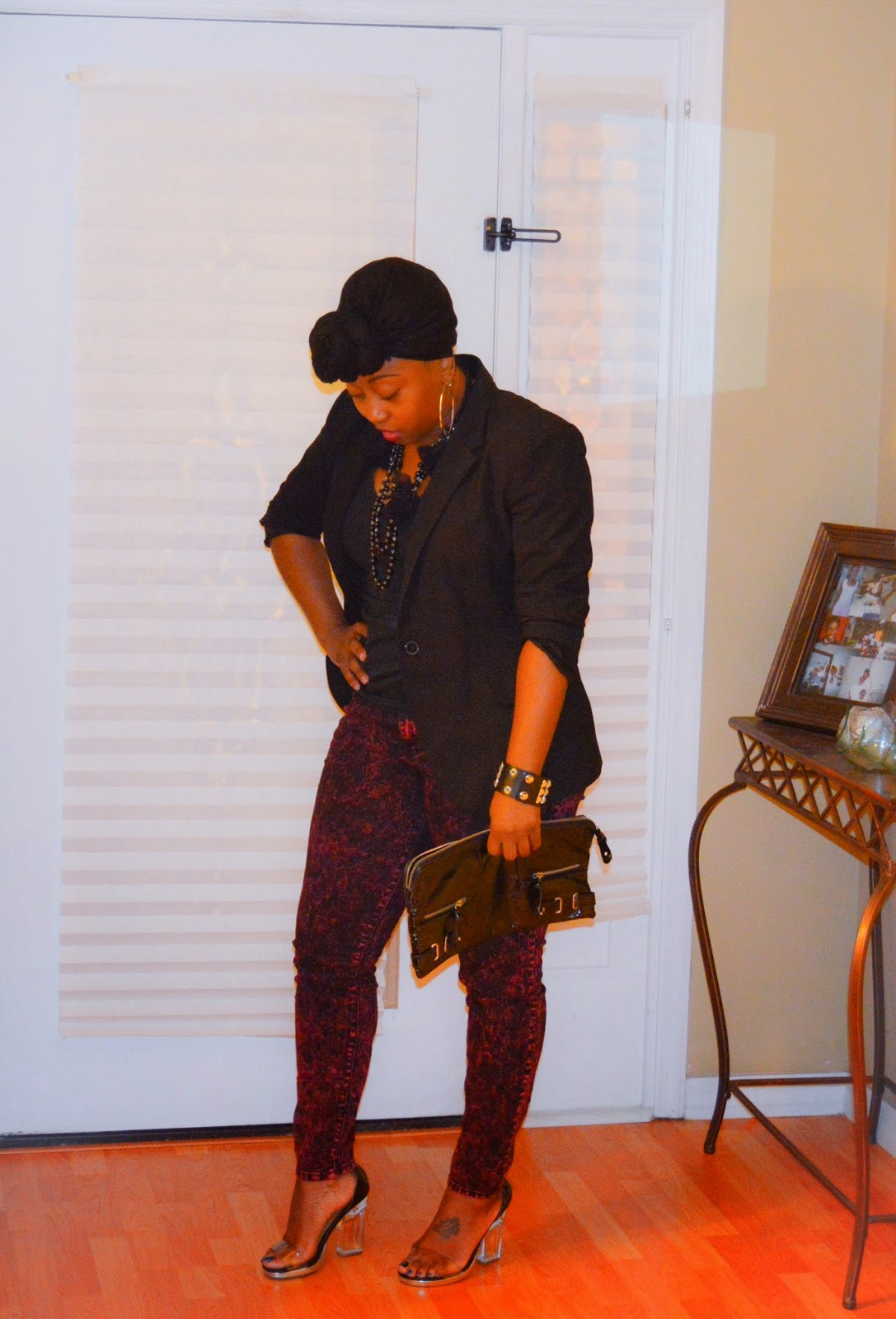 Outfit: Turban, Blazer, and Accessory Overload