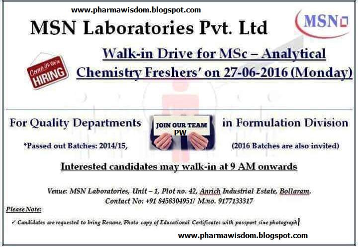 MSN Laboratories Pvt. Ltd Walk-In Drive for M.Sc-Analytical Chemistry ...