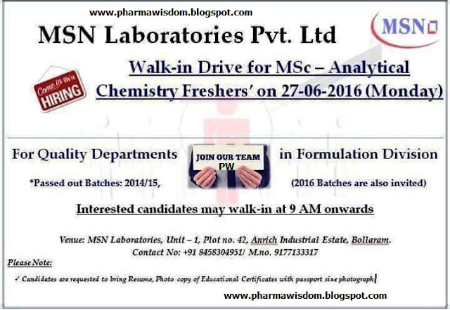 MSN Laboratories Pvt. Ltd Walk-In Drive for M.Sc-Analytical Chemistry ...