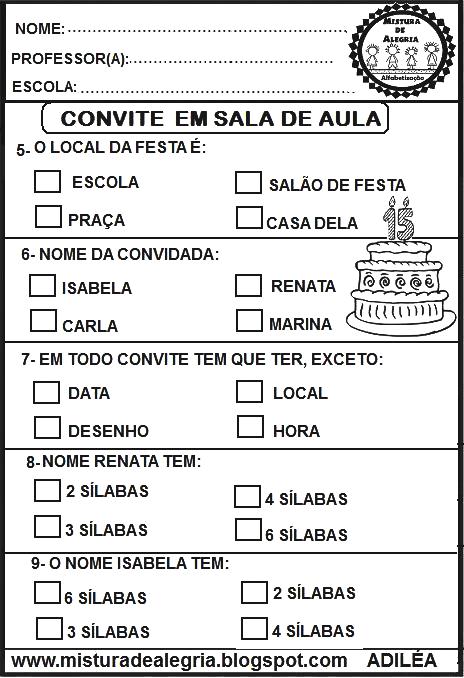 GÊNERO TEXTUAL CONVITE - ATIVIDADES PARA ALFABETIZAÇÃO - Mistura de Alegria