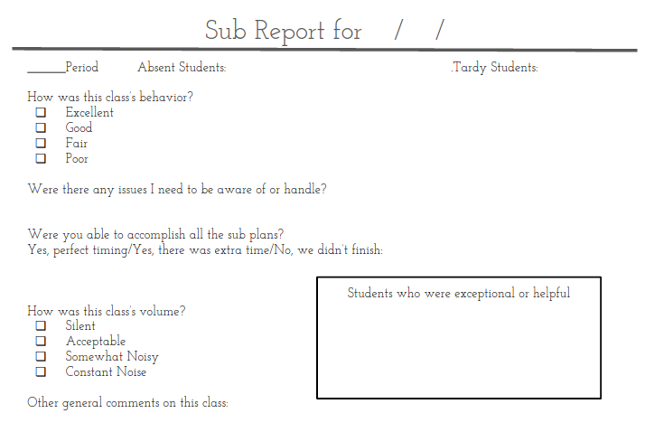 Freebie Friday: Substitute Plan Form | Kovescence of the Mind