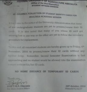 Important Notice to FUNAAB Students On Issuance/ Collection Of ID Cards