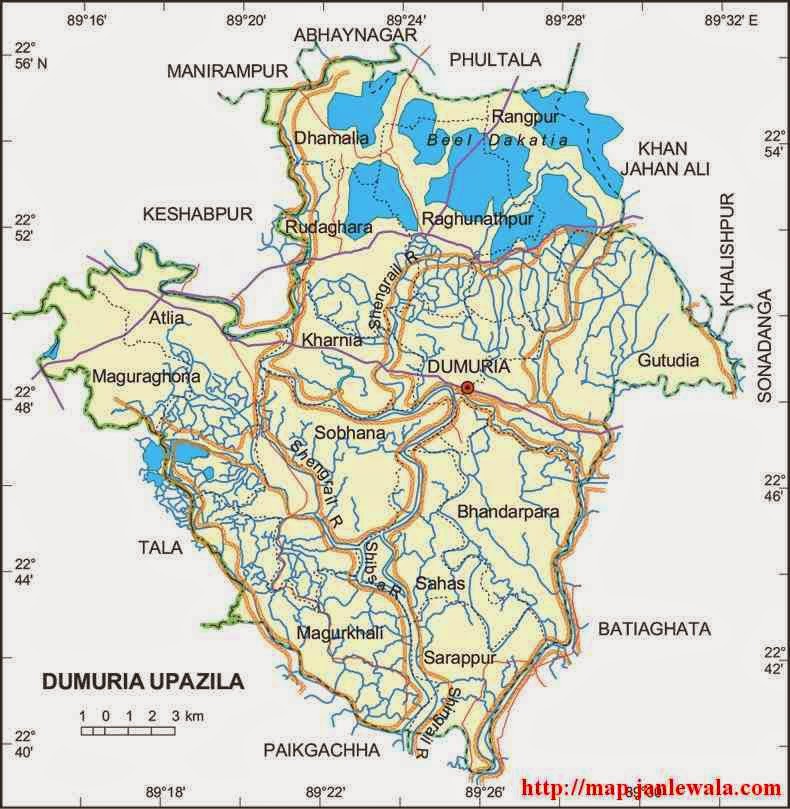 Dumuria Upazila Map, Khulna District, Bangladesh