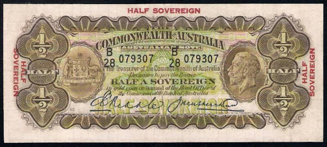 Australian Half Sovereign - Ten Shillings banknote 1927 King George V ...