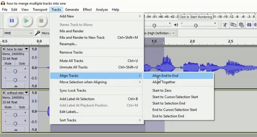 Audacity - How to Merge Two Audio Tracks In To One without Mixing