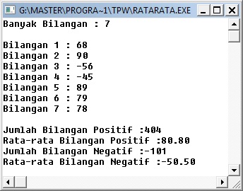 Program mencari jumlah dan rata-rata bilangan positif dan negatif ...