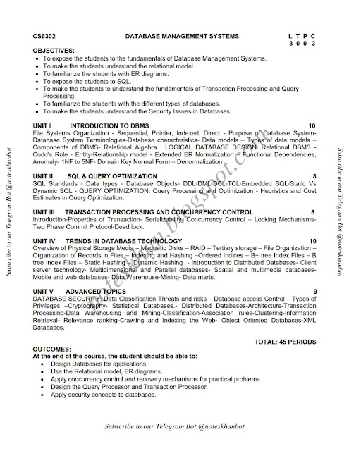 Cs6302 Database Management Systems Syllabus Semester Iii Cse Be Anna University Regulation 2013