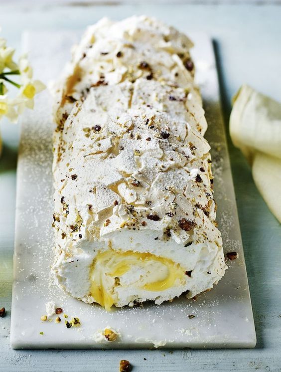 Lemon curd and pistachio meringue roulade - healthy dinner recipe