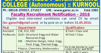 GPR Engineering College Wanted Assistant Professor/Associate Professor ...