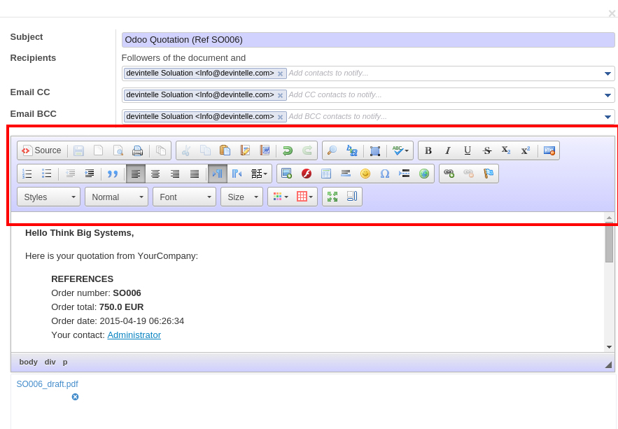 DevIntelle Solution (Odoo Experts): Ck editor in Compose Email window ...