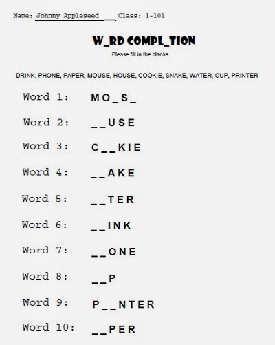 TeachersAssist.com Blog: Word Completion Worksheet