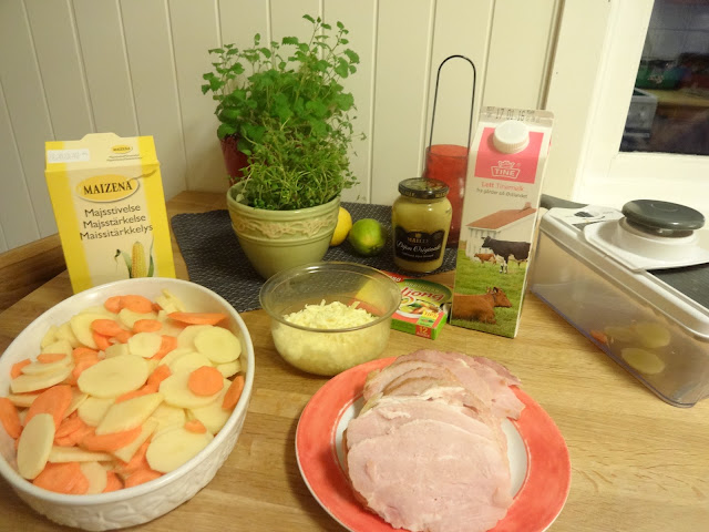 Edels Mat : Gratinert bayonneskinke og rotgrønnsaker i sennepsaus