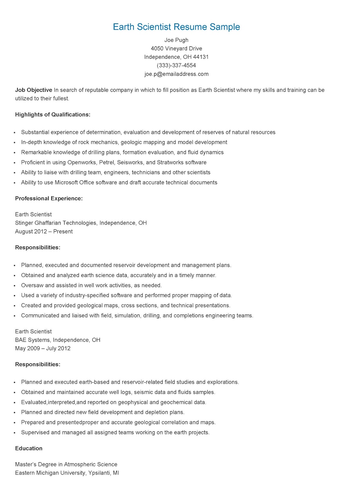 Earth Scientist Resume Sample - Resume Samples