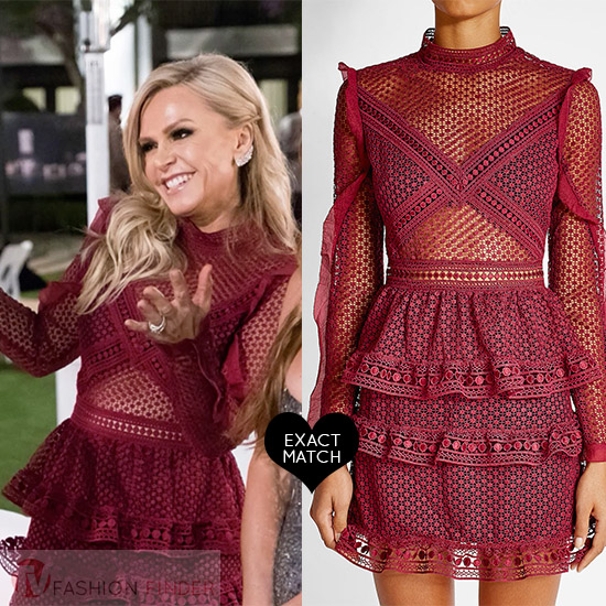 Tamra Judge in burgundy lace tiered mini dress on The Real Housewives ...