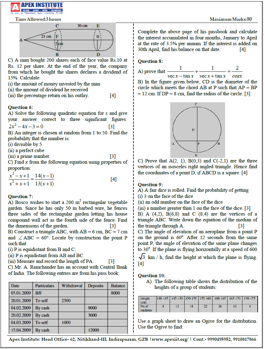 APEX INSTITUTE : Mock Test Paper (Maths) (for Class X ICSE students ...