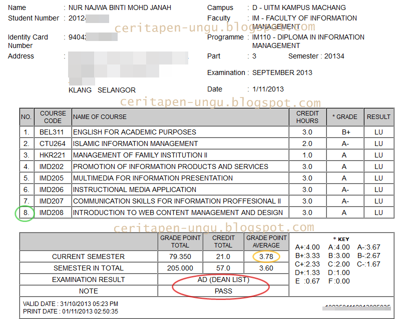 Nur Najwa M.J: UiTM: Result Final Examination Sem(3)