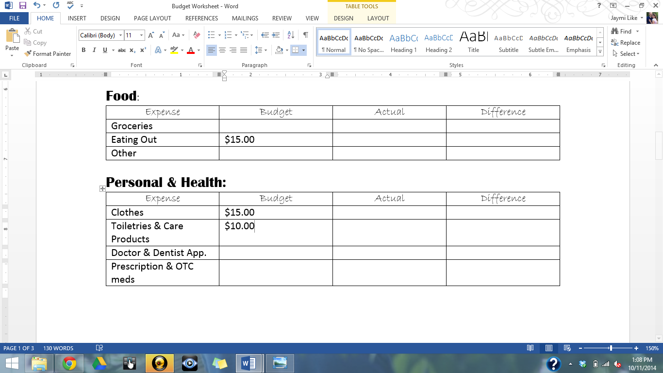 One Simple Star: High School/College Student Budget Worksheet
