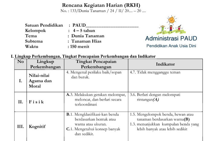 RKH PAUD Dunia Tanaman Hias Kurikulum 2013 - Administrasi PAUD