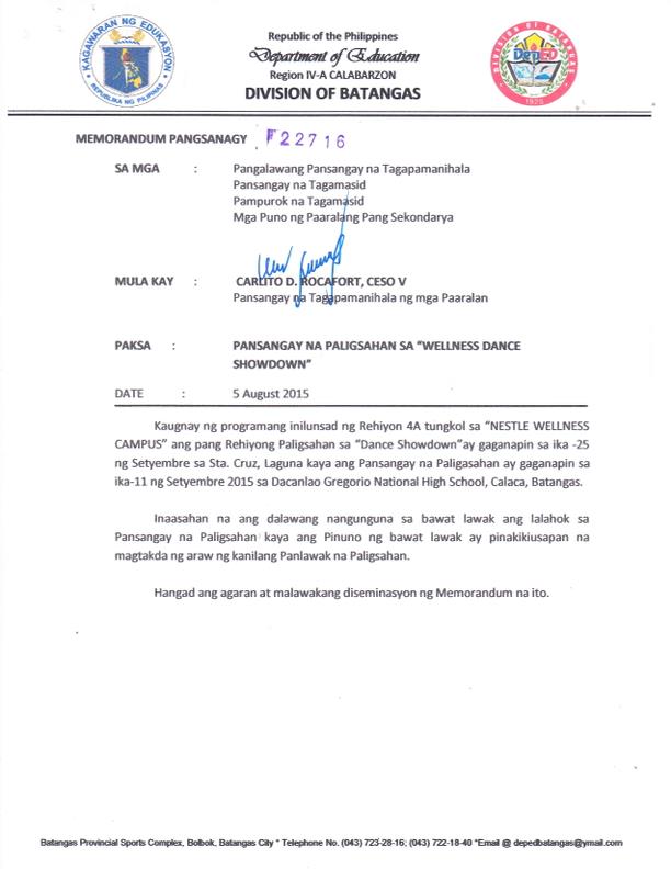 DepEd Memos, Orders & Results: 2015 Wellness Dance Showdown