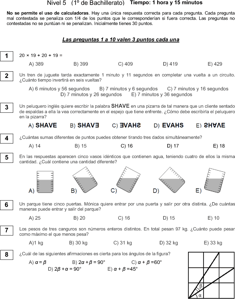 OLIMPIADA MATEMÁTICA CANGURO BACHILLERATO 1 NIVEL 5 EXAMEN RESUELTO PDF