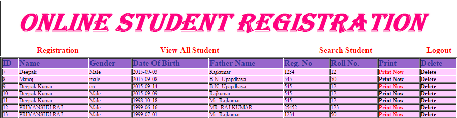 Online Student Registration System in PHP MYSQL