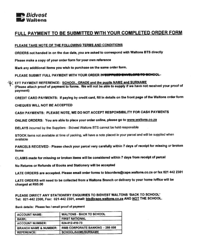 Cape Town High School: CTHS Waltons Order Form - 26 Oct '17